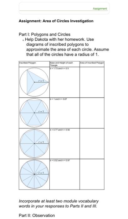 Solved Assignment: Area of Circles Investigation Part 1: | Chegg.com