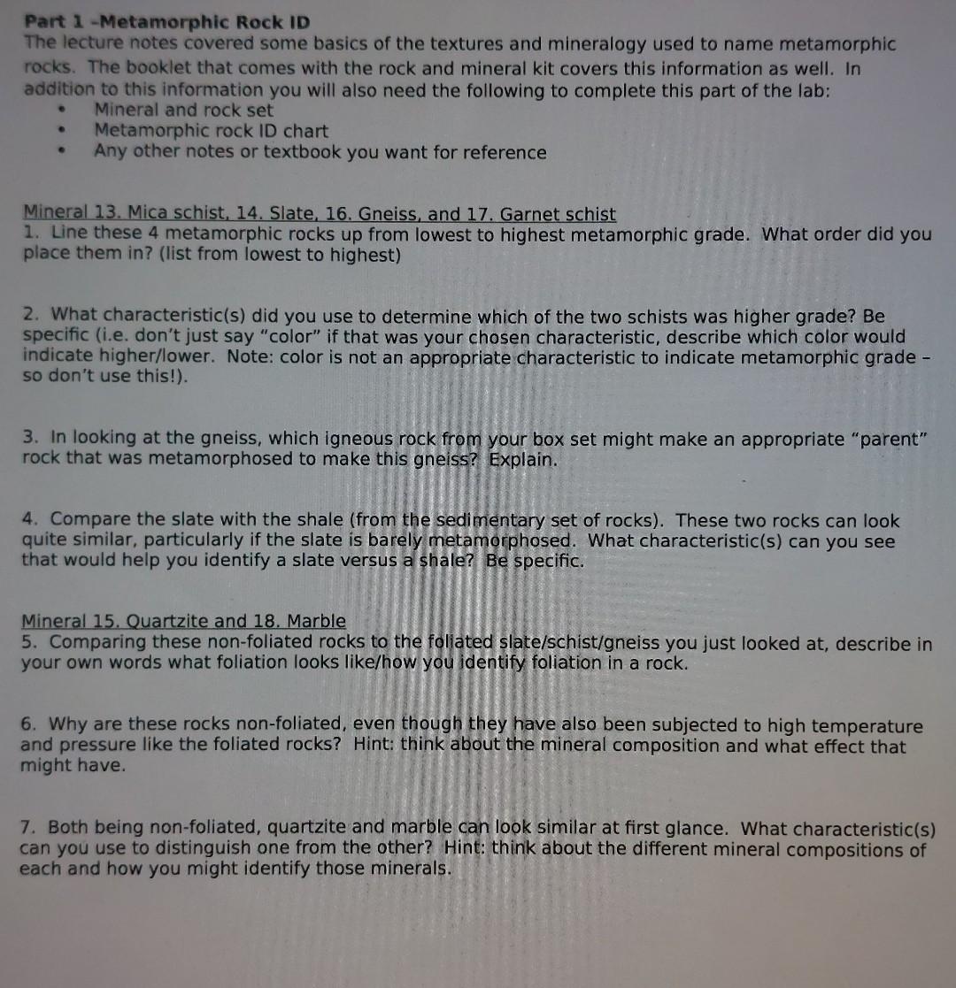 Solved Part 1 -Metamorphic Rock ID The lecture notes covered | Chegg.com
