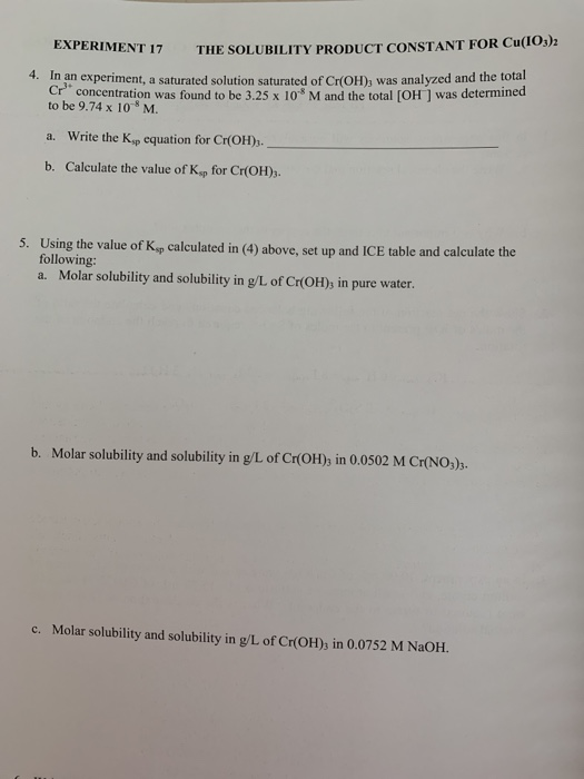 Solved EXPERIMENT 17 THE SOLUBILITY PRODUCT CONSTANT FOR | Chegg.com
