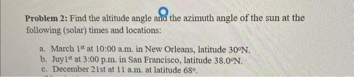 Solved Problem 2: Find the altitude angle and the azimuth | Chegg.com