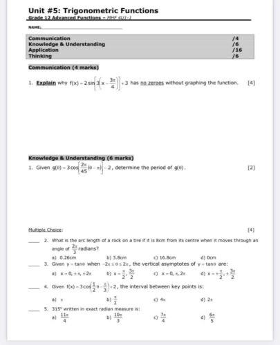 Solved Unit #5: Trigonometric Functions Grade 12 Advanced | Chegg.com