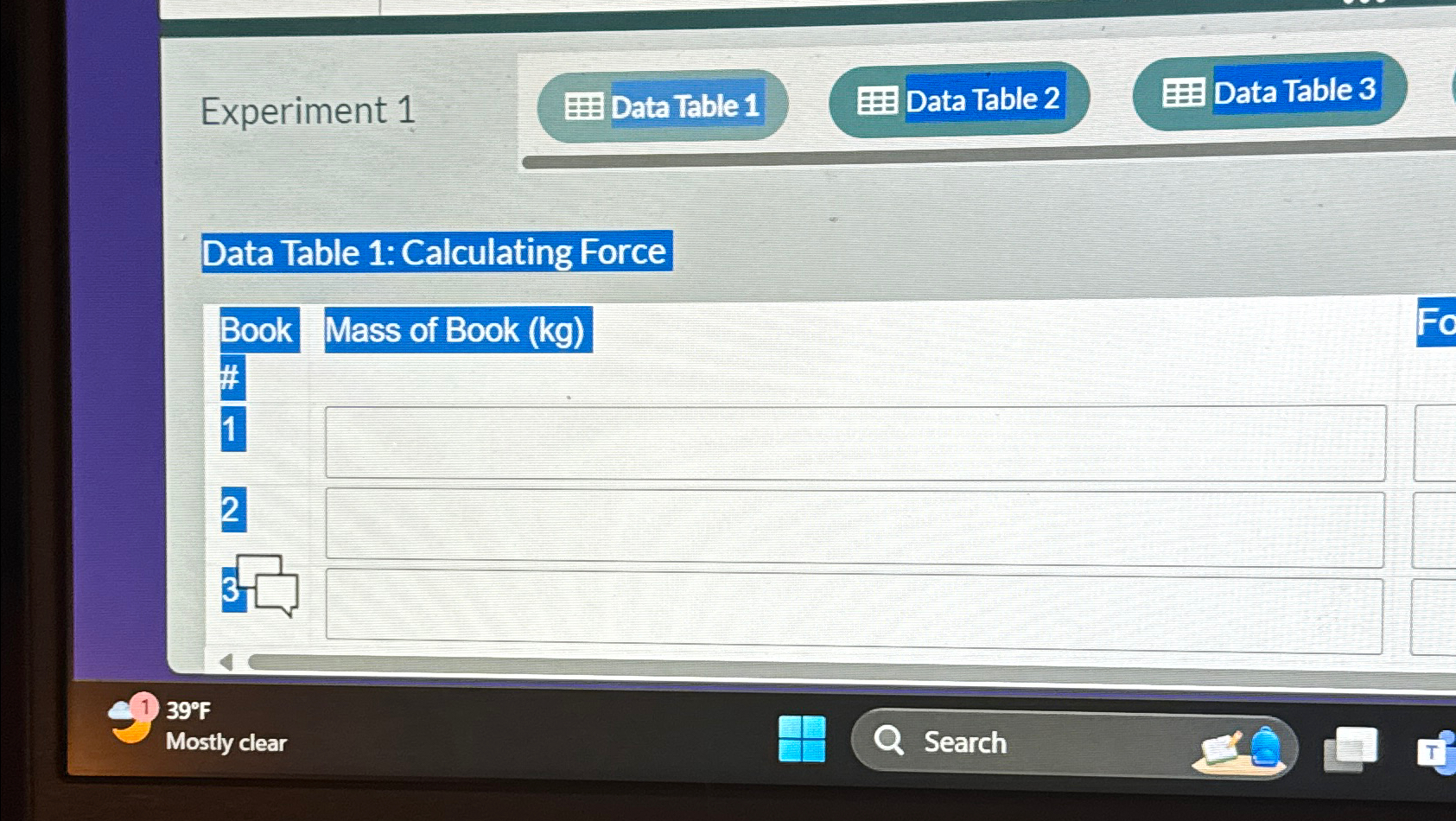 Solved Experiment 1Data Table 1: Calculating ForceBook Mass | Chegg.com Solved Experiment 1Data Table 1: Calculating ForceBook Mass | Chegg.com