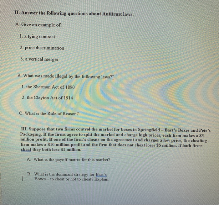 Solved II. Answer the following questions about Antitrust | Chegg.com