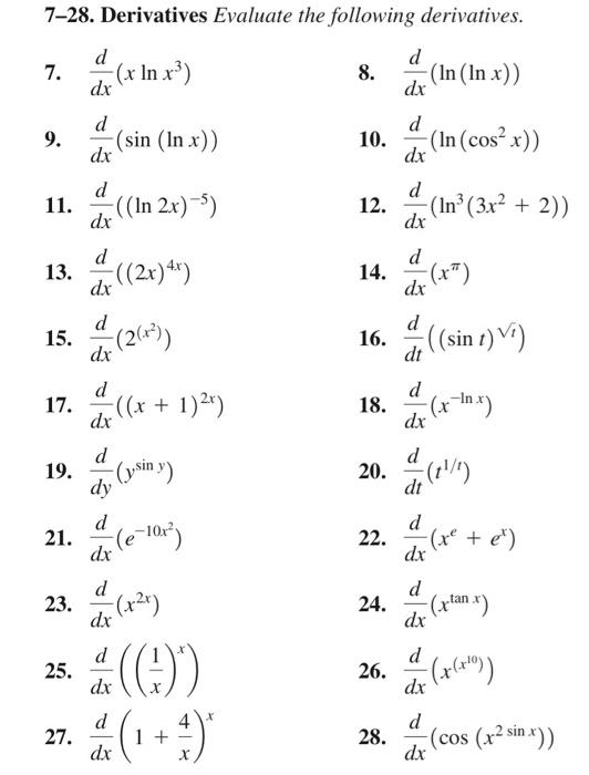 Solved 7-28. Derivatives Evaluate the following derivatives. | Chegg.com