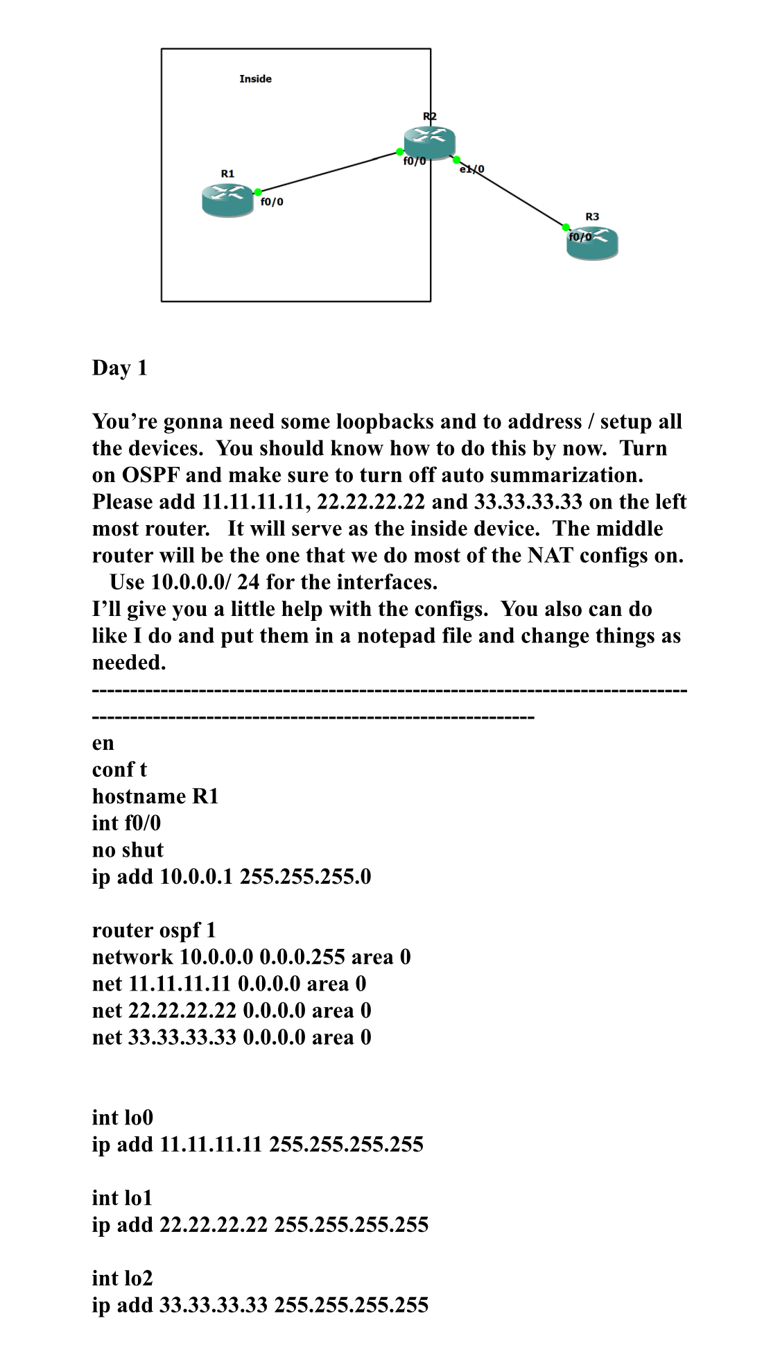 Solved Day 1You're gonna need some loopbacks and to address | Chegg.com