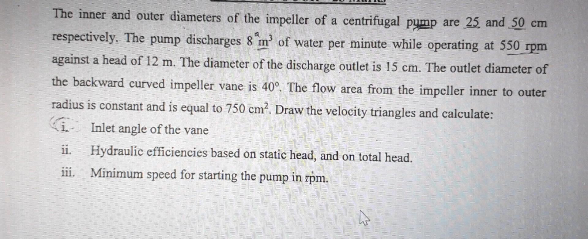 Solved The inner and outer diameters of the impeller of a | Chegg.com