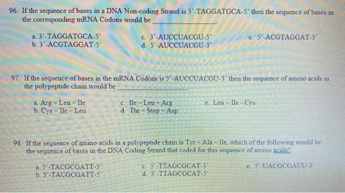 Solved 96. If the sequence of bases in a DNA Non-coding | Chegg.com