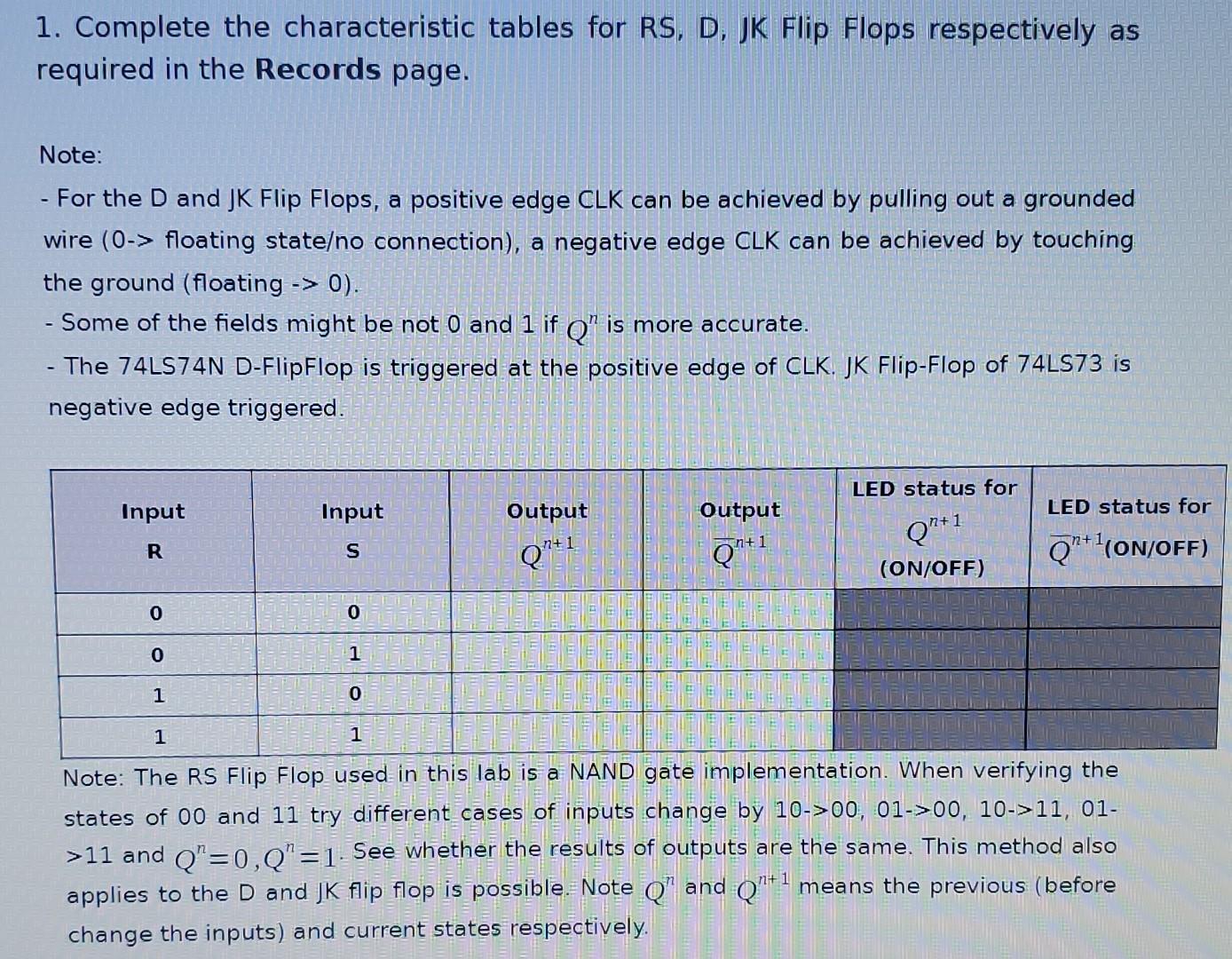 Solved 1. Complete the characteristic tables for RS, D, JK | Chegg.com