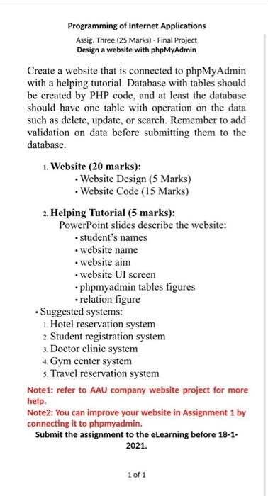 Solved Assig. Three (20 Marks) - Final Project Design a | Chegg.com