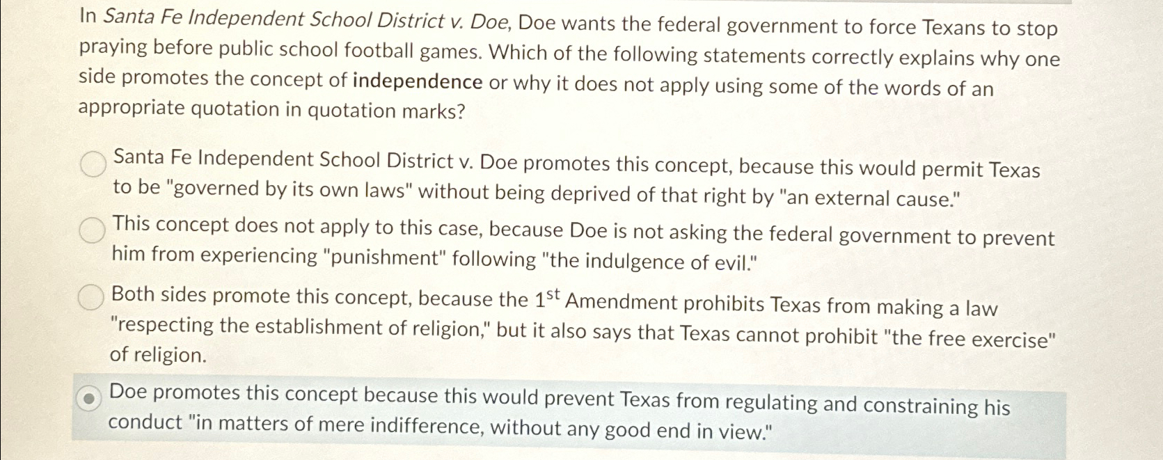 Solved In Santa Fe Independent School District v. ﻿Doe, Doe | Chegg.com