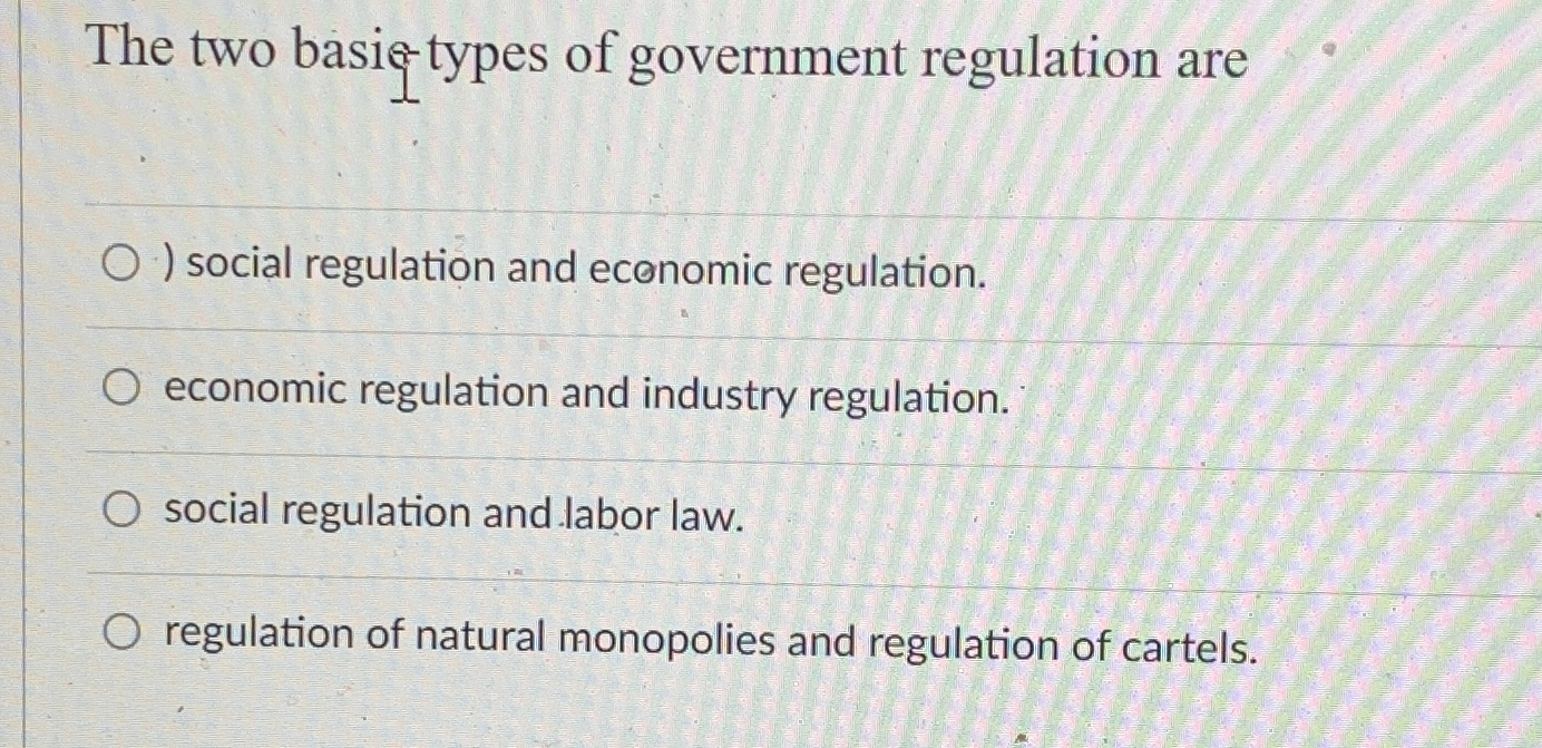 Solved The two basi-types of government regulation aresocial | Chegg.com