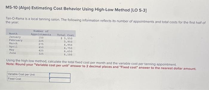 Solved M5-10 (Algo) Estimating Cost Behavior Using High-Low | Chegg.com