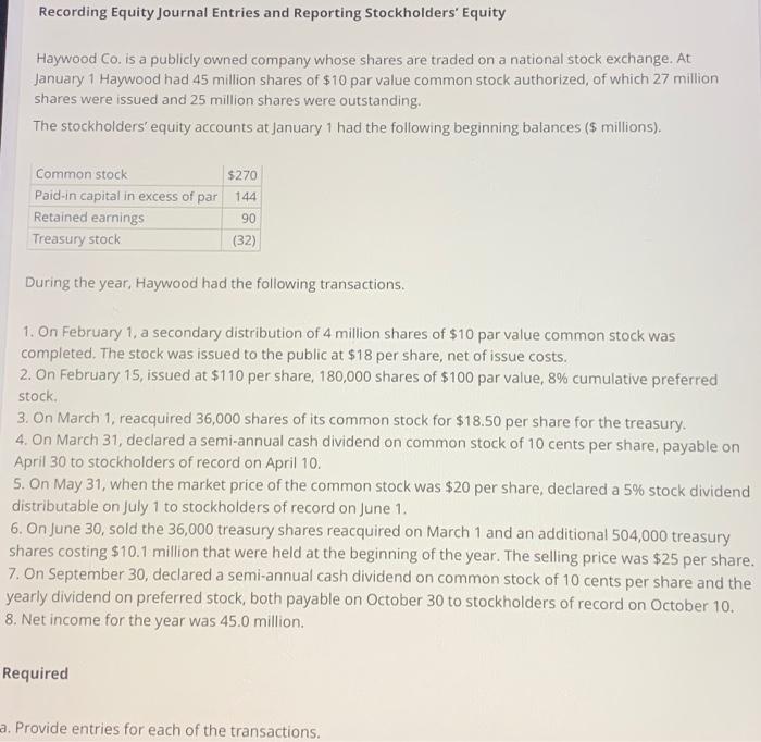 Solved Recording Equity Journal Entries and Reporting | Chegg.com