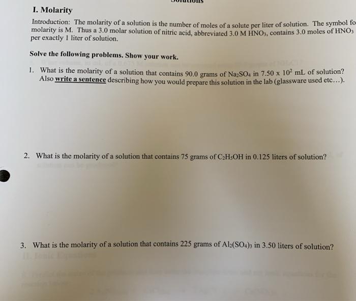 Solved I. Molarity Introduction: The molarity of a solution | Chegg.com