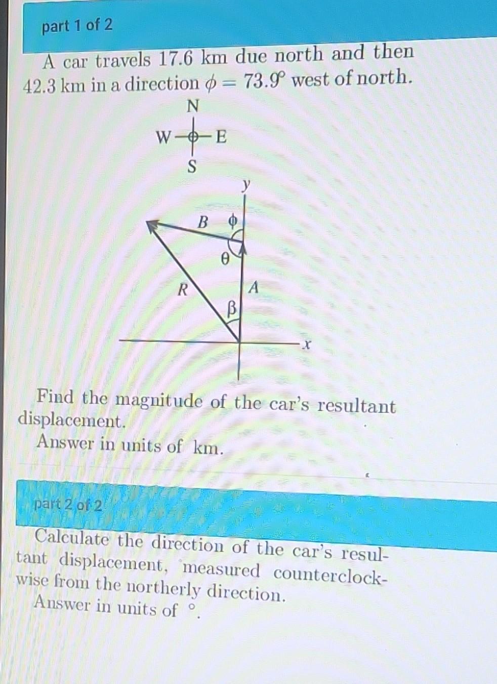 Solved A car travels 17.6 km due north and then 42.3 km in a | Chegg.com