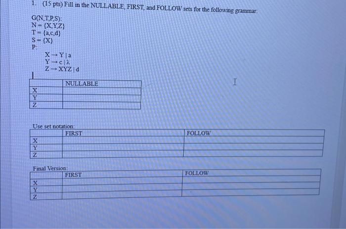 Solved 1. (15 pts) Fill in the NULLABLE, FIRST, and FOLLOW | Chegg.com