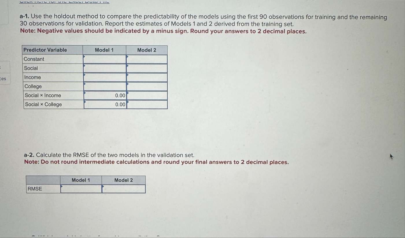 Solved a-1. ﻿Use the holdout method to compare the | Chegg.com