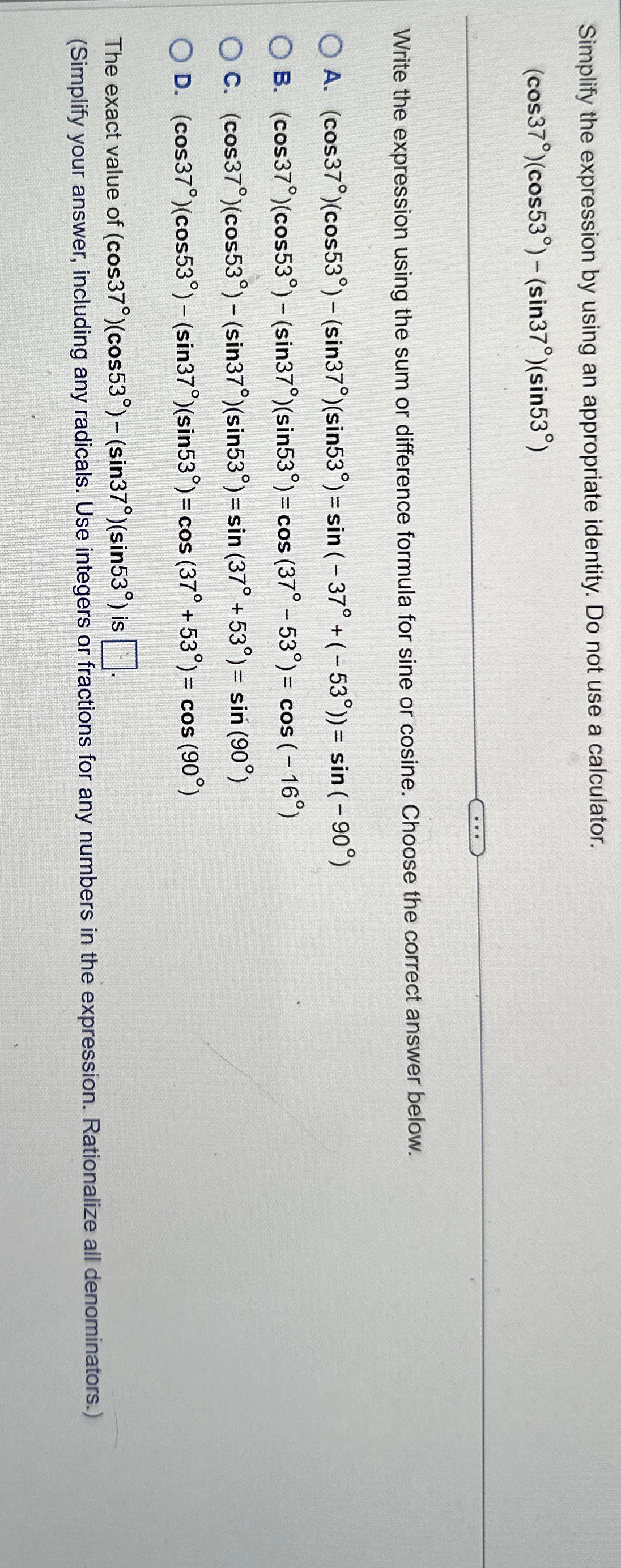 Solved Simplify the expression by using an appropriate | Chegg.com