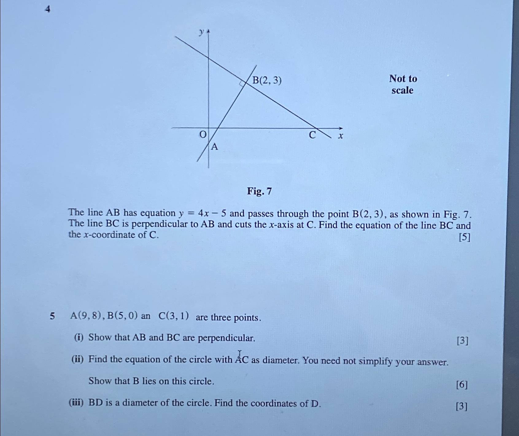 Solved 4Not to scaleFig. 7The line AB ﻿has equation y=4x-5 | Chegg.com