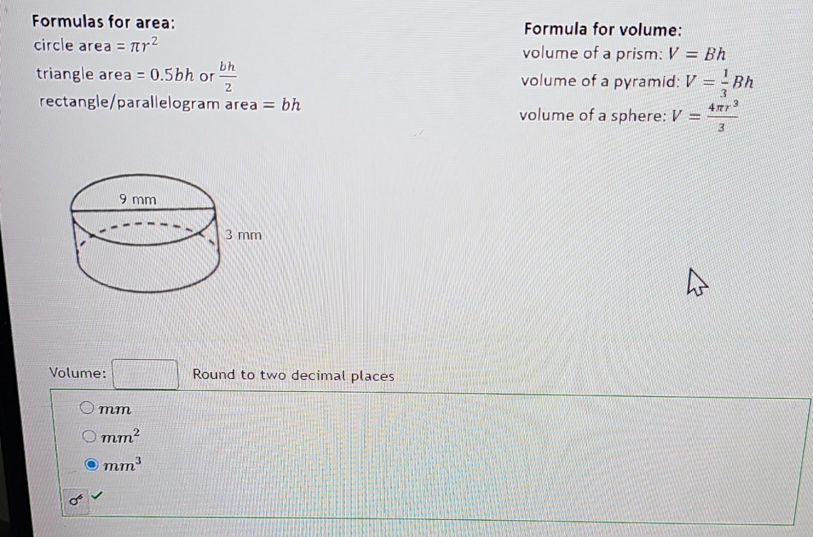 Solved Formulas for area: circle area =πr2 triangle area | Chegg.com