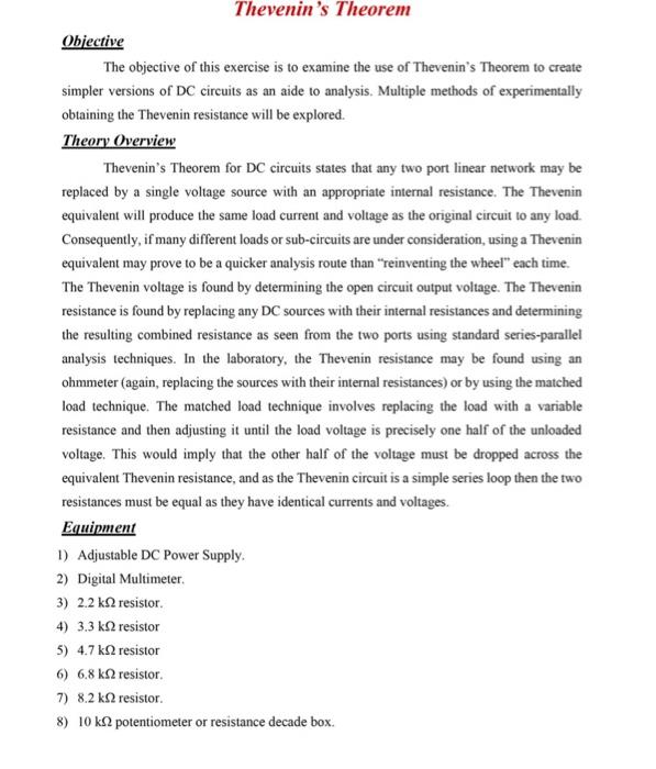 Solved Thevenin's Theorem Objective The objective of this | Chegg.com