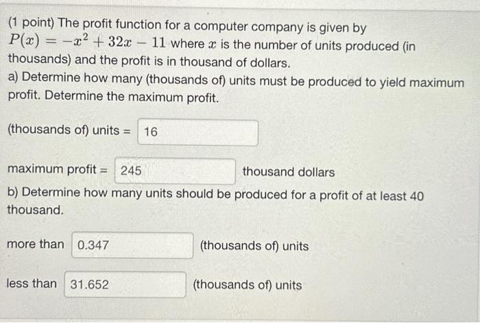 Solved (1 point) The profit function for a computer company | Chegg.com
