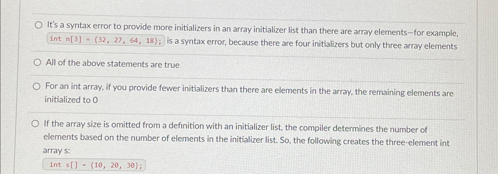 Solved It's a syntax error to provide more initializers in | Chegg.com