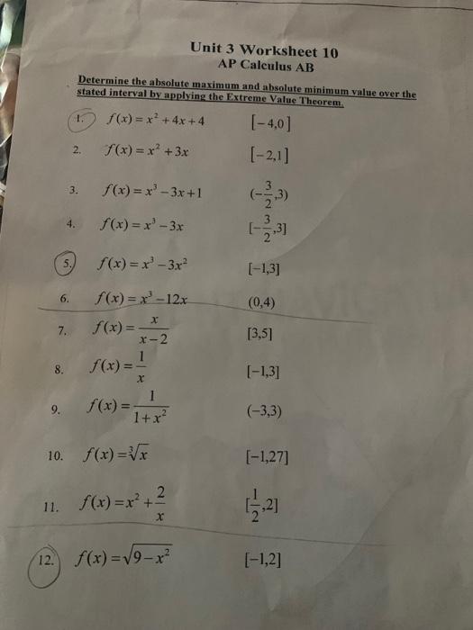 Solved Unit 3 Worksheet 10 AP Calculus AB Determine the | Chegg.com