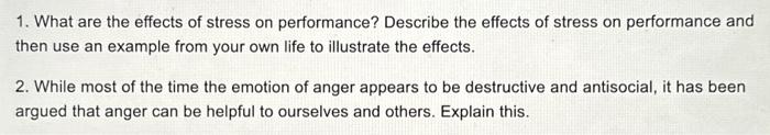Solved 1. What are the effects of stress on performance? | Chegg.com