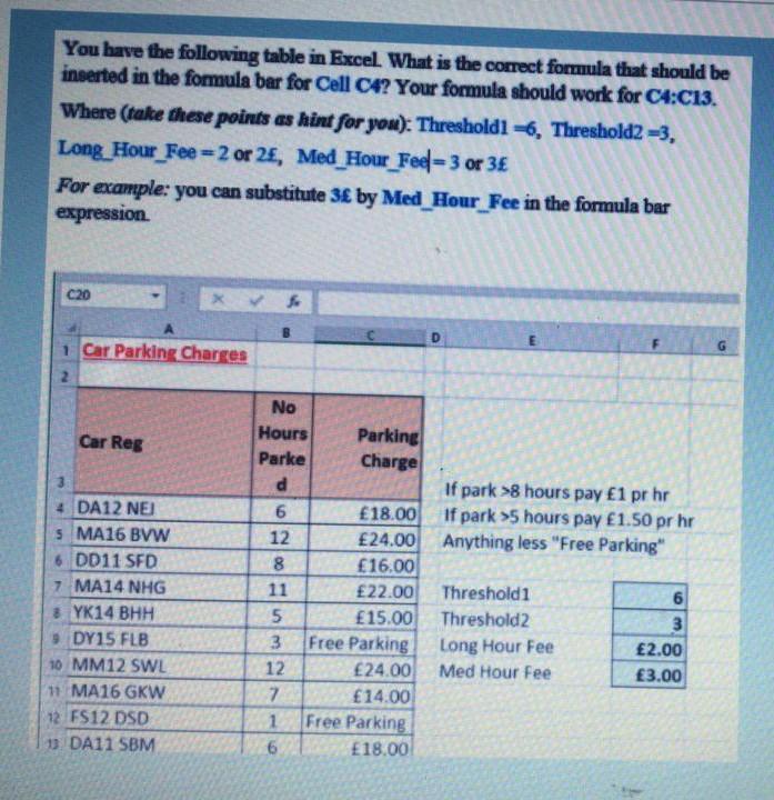 Solved You have the following table in Excel. What is the | Chegg.com