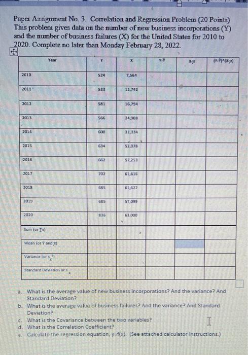 Solved Paper Assignment No. 3. Correlation and Regression | Chegg.com