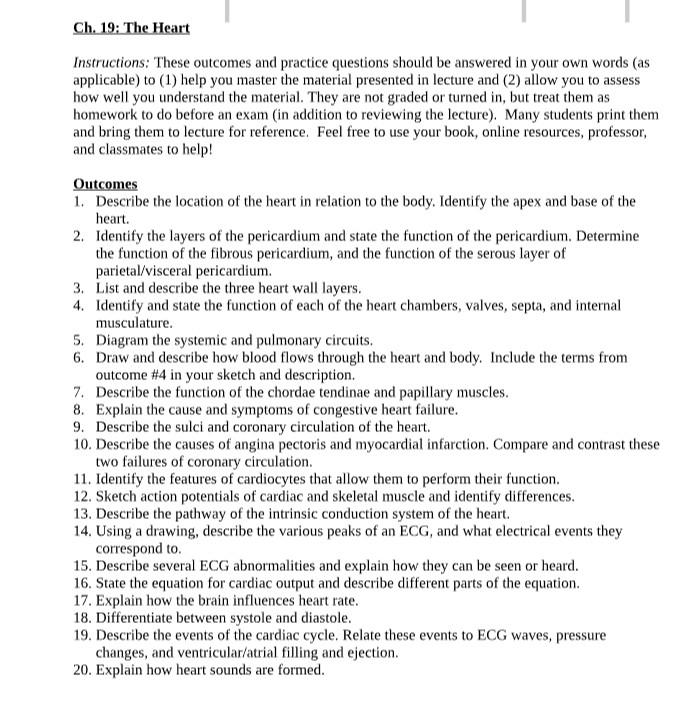Solved Ch. 19: The Heart Instructions: These outcomes and | Chegg.com