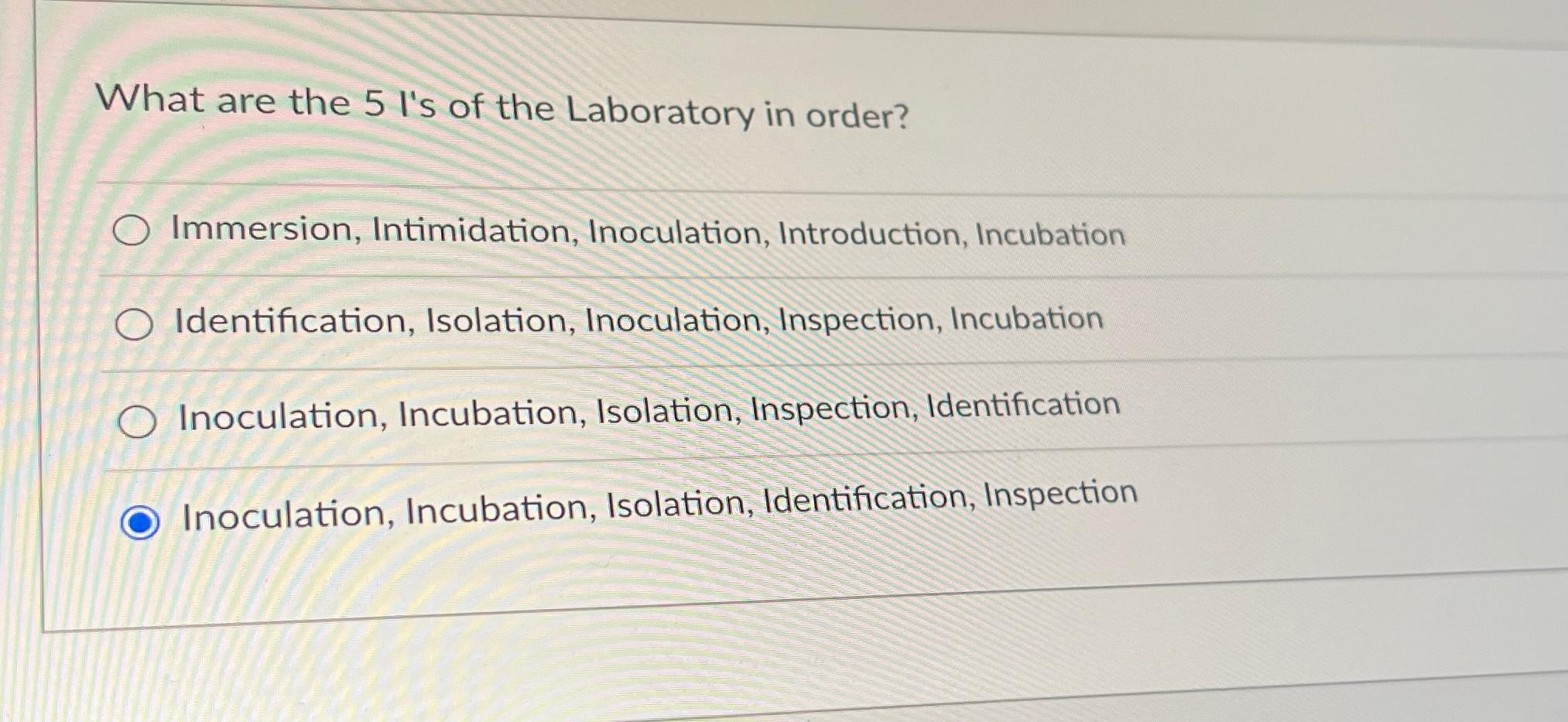 Solved What are the 5 ﻿I's of the Laboratory in | Chegg.com