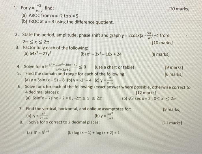 Solved -3 [10 marks] 1. For y = find: (a) AROC from x = -2 | Chegg.com