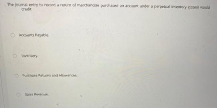 Solved The journal entry to record a return of merchandise | Chegg.com