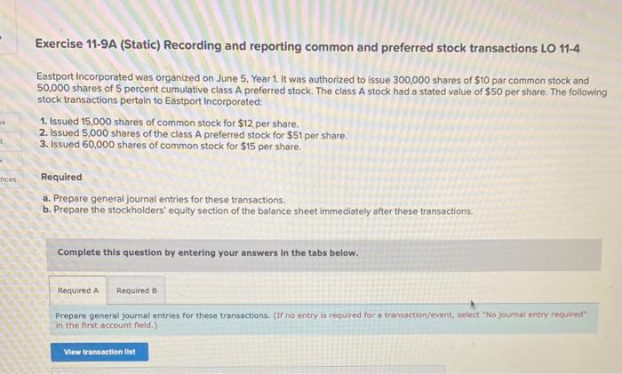 Solved Exercise 11-9A (Static) Recording and reporting | Chegg.com