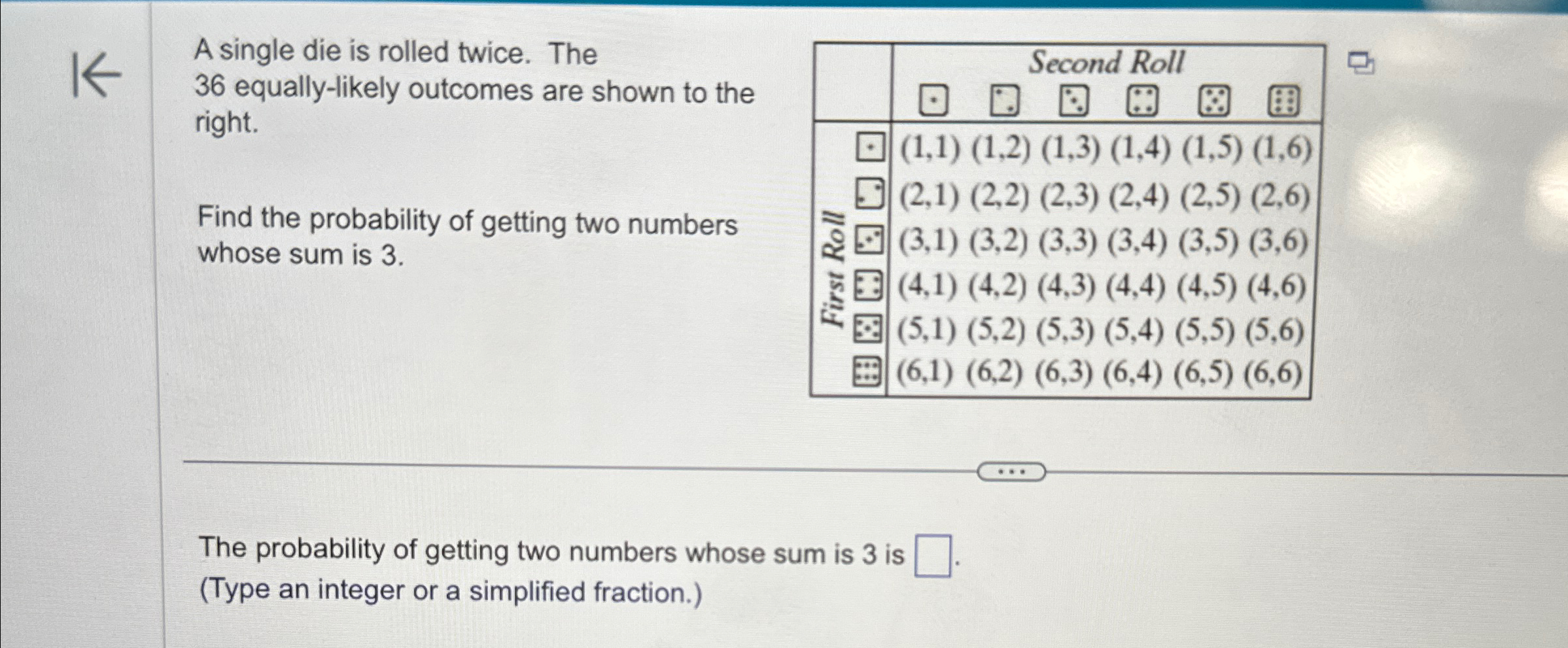 Solved A single die is rolled twice. The 36 ﻿equally-likely | Chegg.com