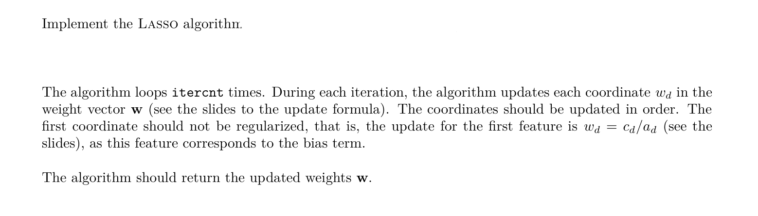 Solved Implement The Lasso Algorithrthe Algorithm Loops 2801