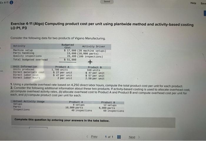 Solved Exercise 4-11 (Algo) Computing product cost per unit | Chegg.com