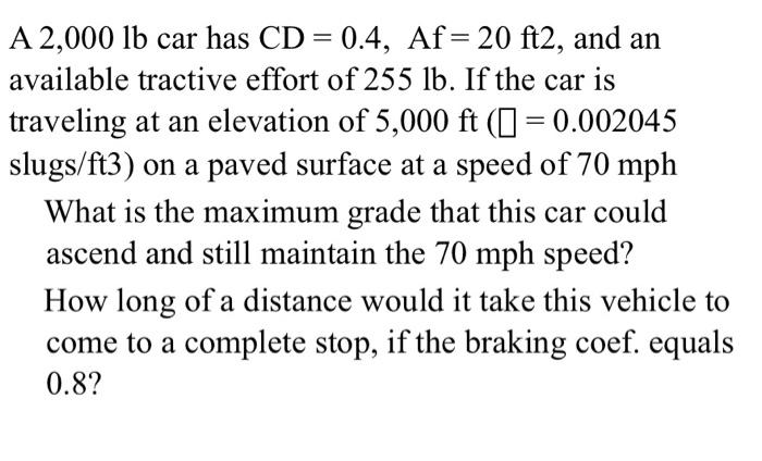 Solved A 2,000 lb car has CD = 0.4, Af= 20 ft2, and an | Chegg.com