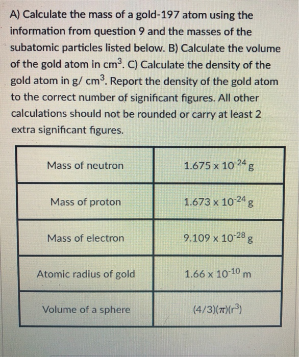 Solved A) Calculate the mass of a gold-197 atom using the | Chegg.com