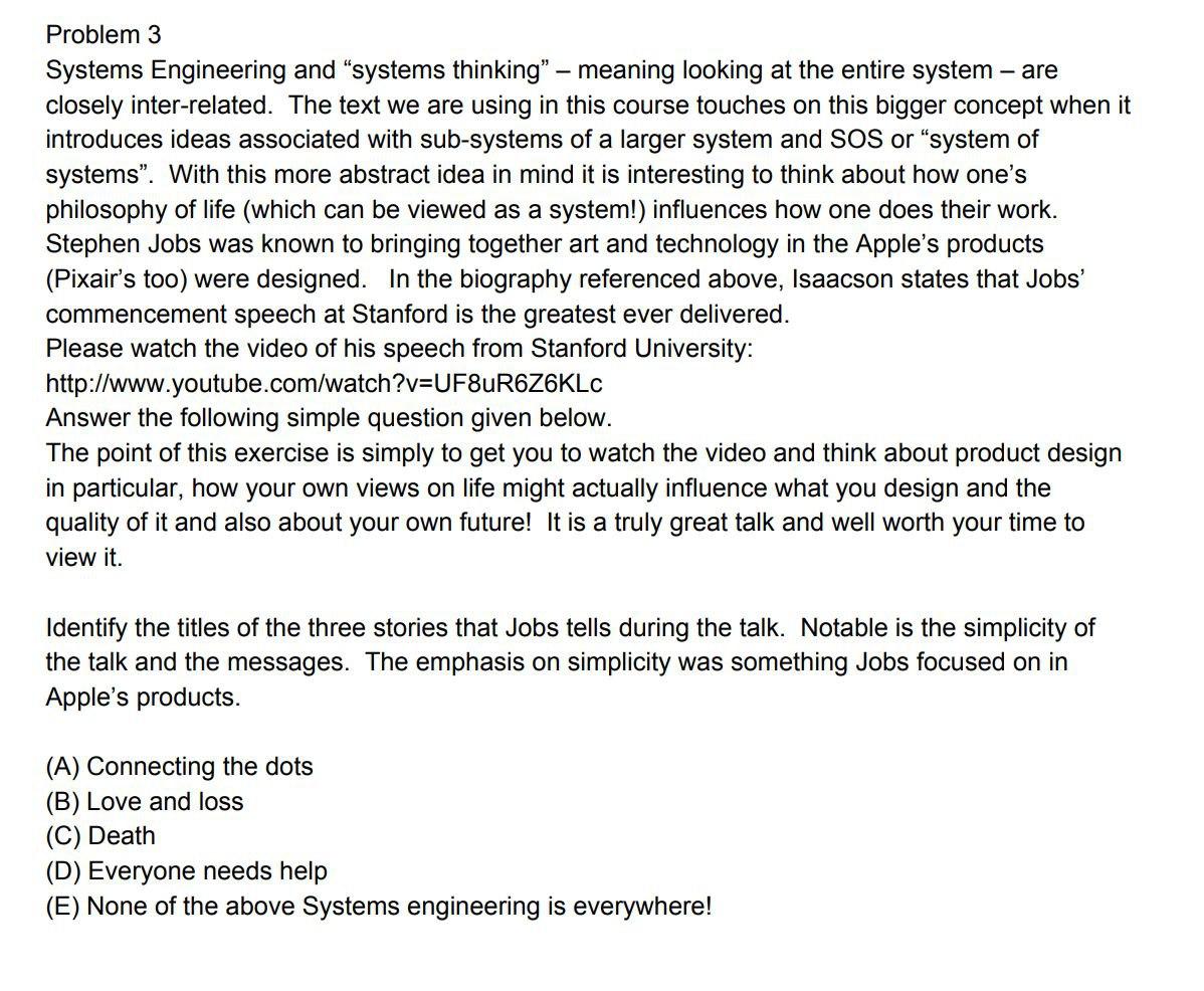 Solved Problem 3 Systems Engineering and systems thinking" - | Chegg.com