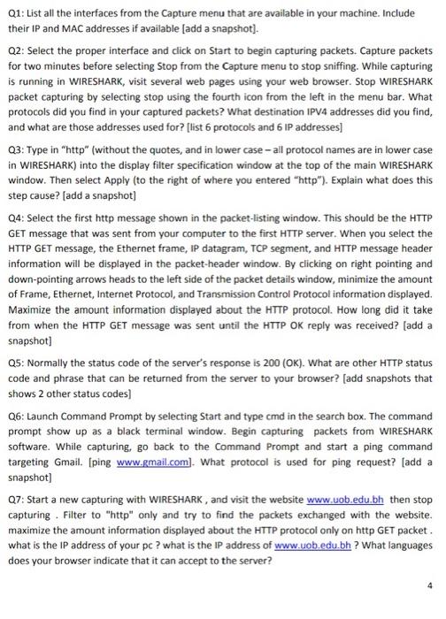 Q1: List all the interfaces from the Capture menu | Chegg.com