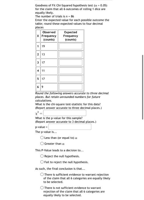 Solved Goodness of Fit Chi-Squared hypothesis test (α=0,05 ) | Chegg.com