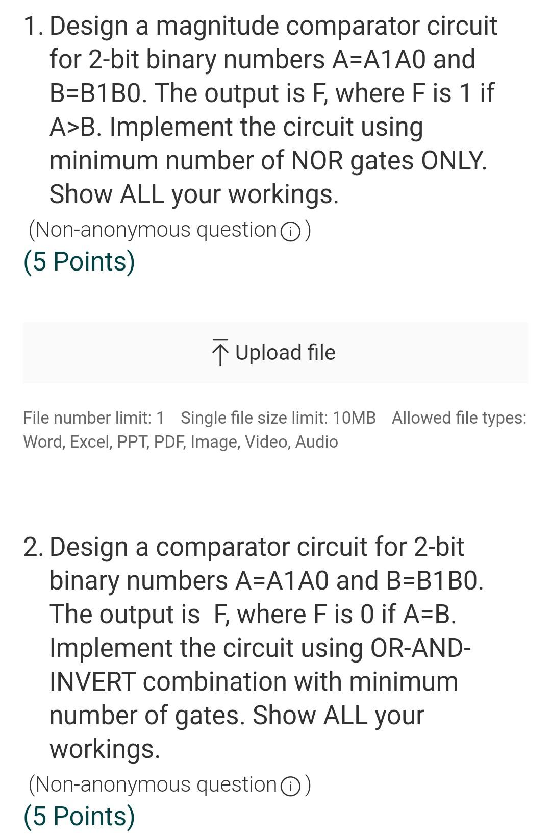 Solved 1. Design a magnitude comparator circuit for 2-bit | Chegg.com
