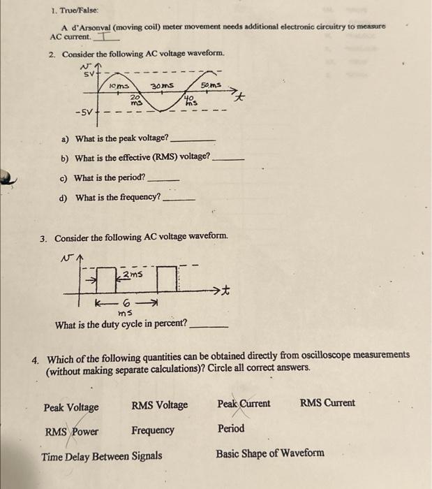 Solved 1. True/False: A d'Arsonval (moving coil) meter | Chegg.com