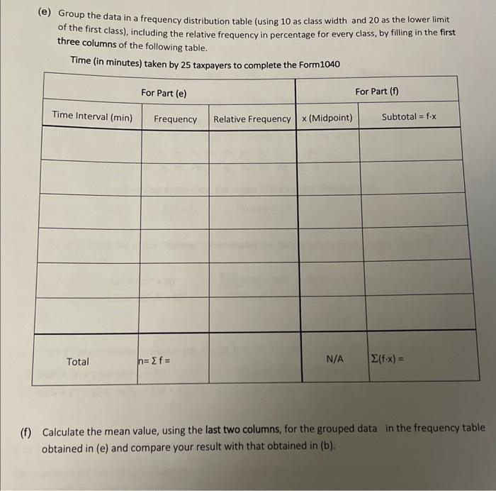 (e) Group the data in a frequency distribution table | Chegg.com