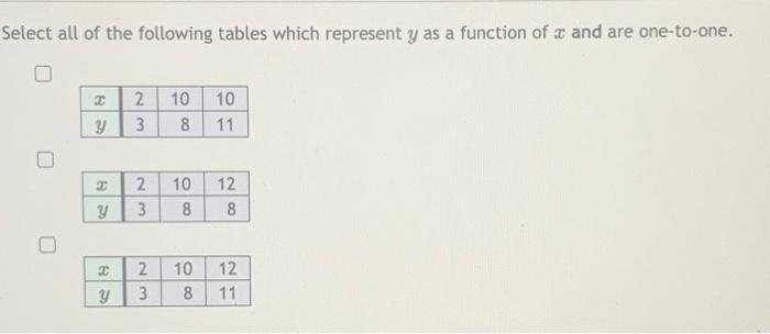Solved Select all of the following tables which represent y | Chegg.com