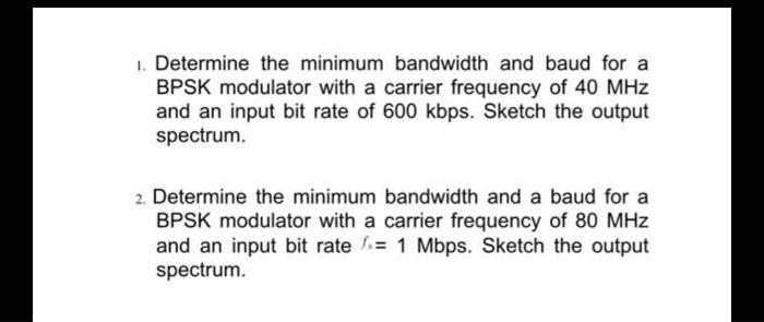 Solved 1. Determine the minimum bandwidth and baud for a | Chegg.com
