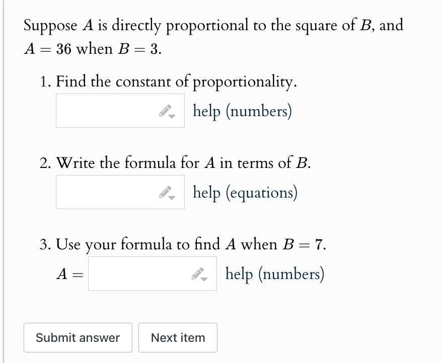 Solved Suppose A is ﻿directly proportional to ﻿the square | Chegg.com